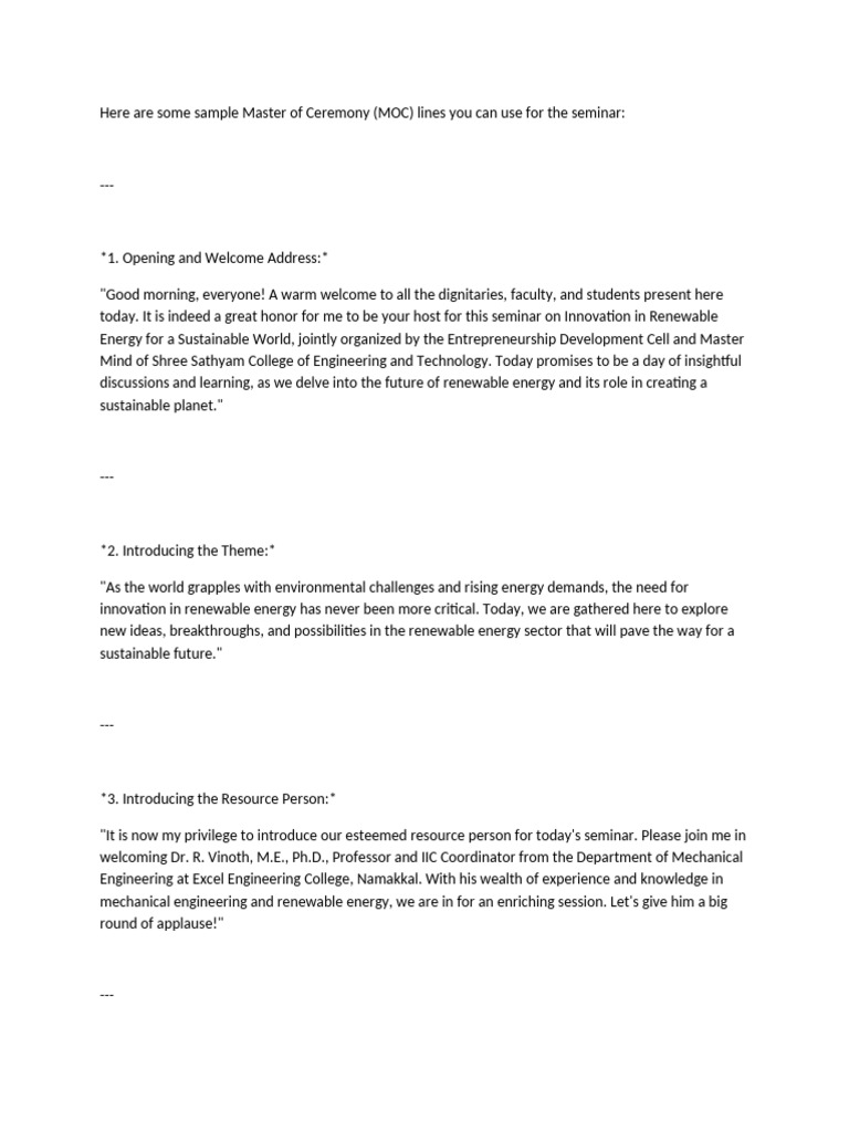 Sample Master of Ceremony - Seminar | PDF