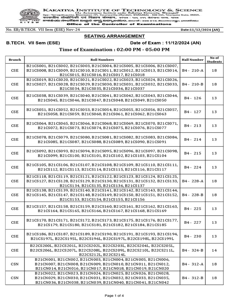 VII Sem Exam Seating Arrangement | PDF