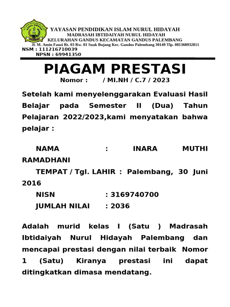 Piagam Prestasi 2022-2023 | PDF