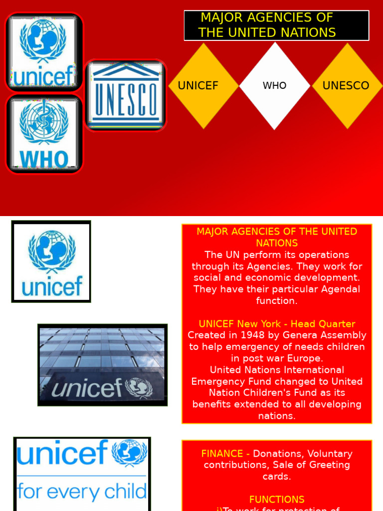 Major UN Agencies: UNICEF, WHO, UNESCO | PDF | United Nations ...