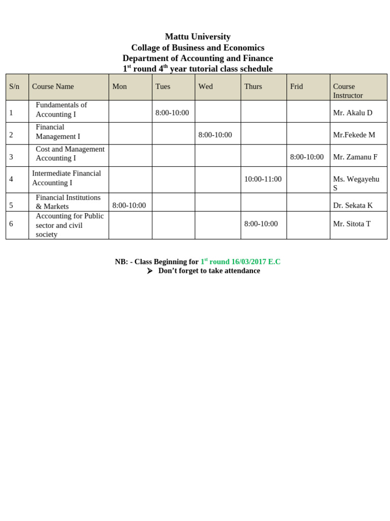 Mattu University 4th Year Class Schedule | PDF | Accounting | Money