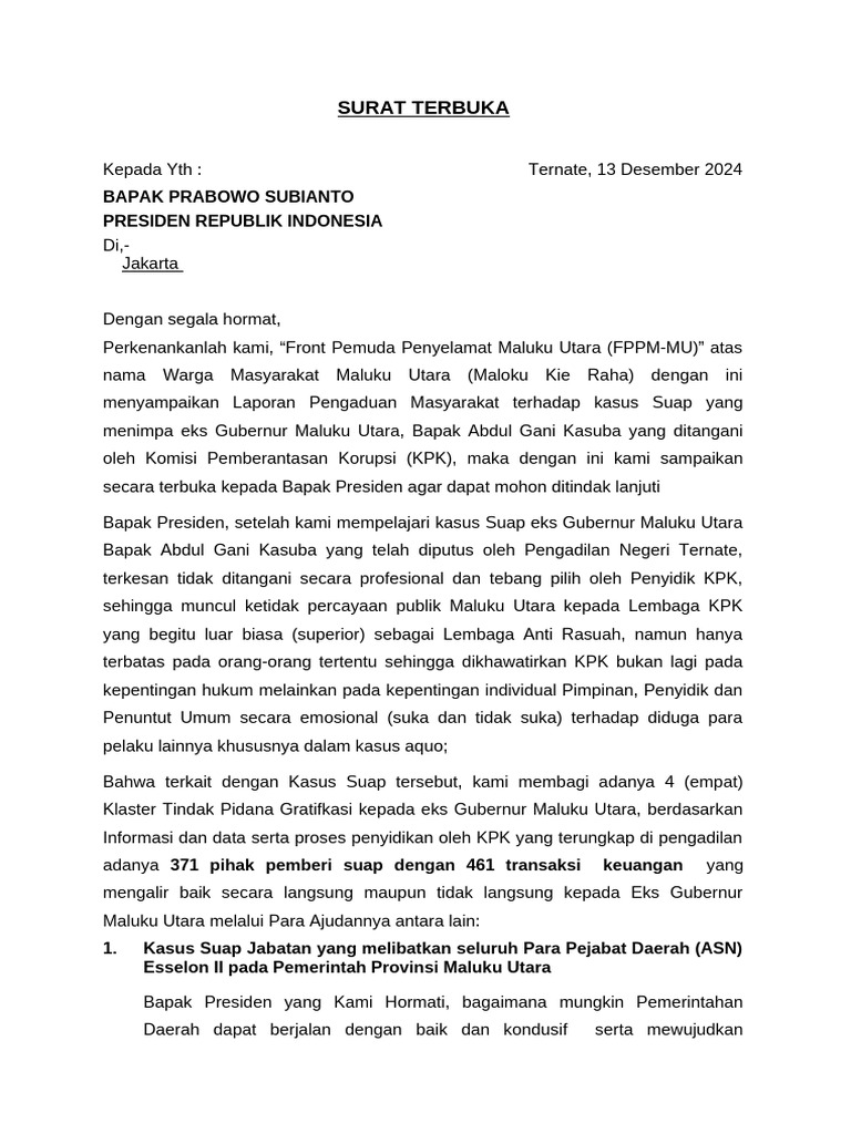 SURAT TERBUKA Front Pemuda Penyelamat Maluku Utara (FPPM-MU) | PDF
