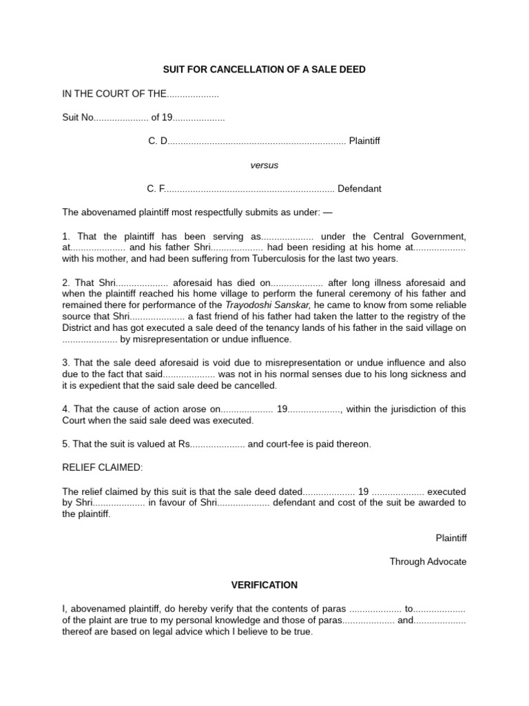 Cancellation Suit for Void Sale Deed | PDF | Public Law | Justice