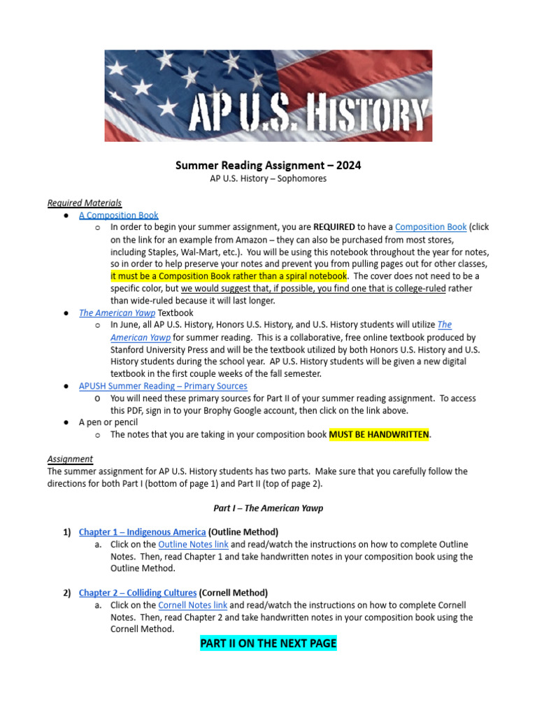 Copy of Summer Reading Assignment - AP U.S. History - 2024 (1) | PDF ...