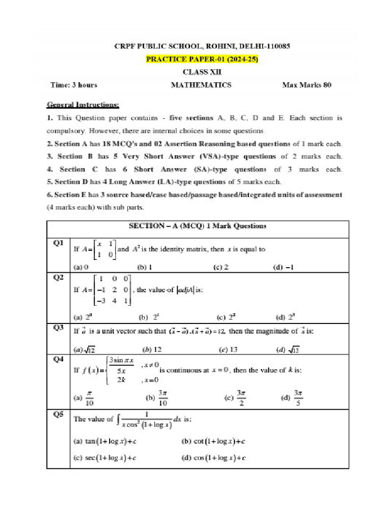 Class Xii Maths Practice Papers (With Solutions) 2024-25 (CRPF Public School, Rohini) | PDF