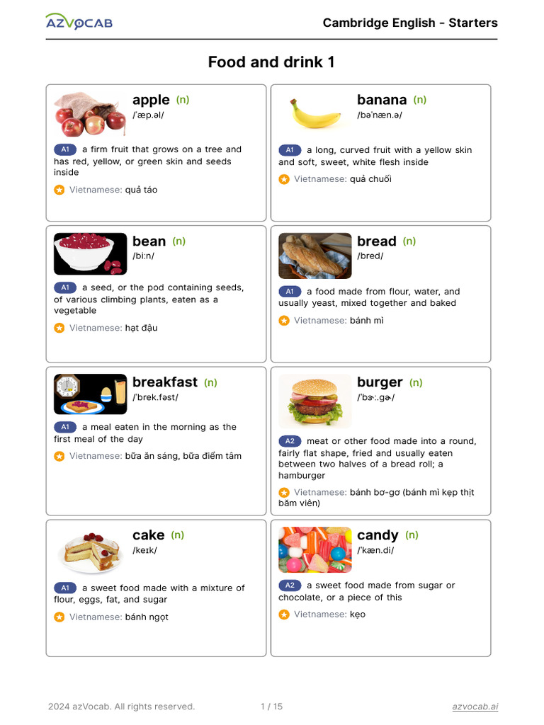 Cambridge English Starters: Food Vocabulary | PDF | Foods | Fruit