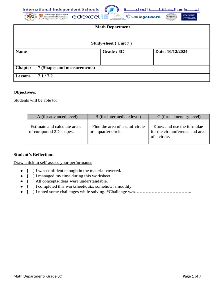 Unit 7 study-sheet - 8C | PDF | Area | Pi