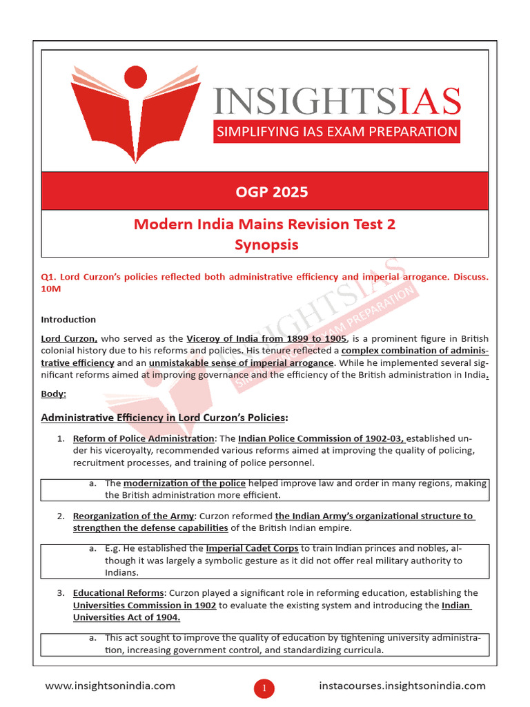OGP-2025-Batch-8-Bengaluru-Modern India Mains Revision Test 2-Synopsis ...