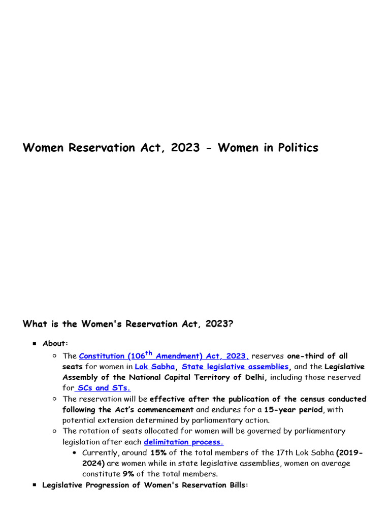 Women Reservation Act, 2023 - Women in Politics Drishti-Output | PDF ...