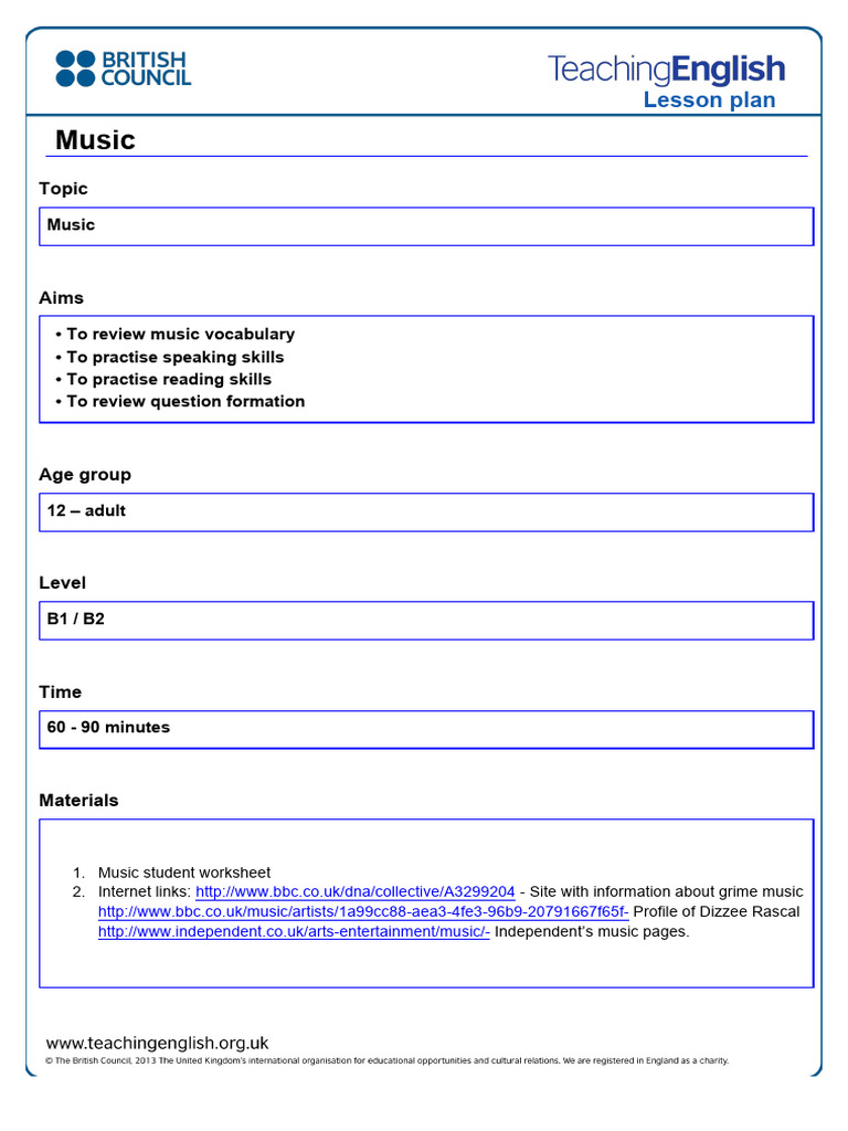 Music lesson plan B1-B2 | PDF | Question | Pub Quiz
