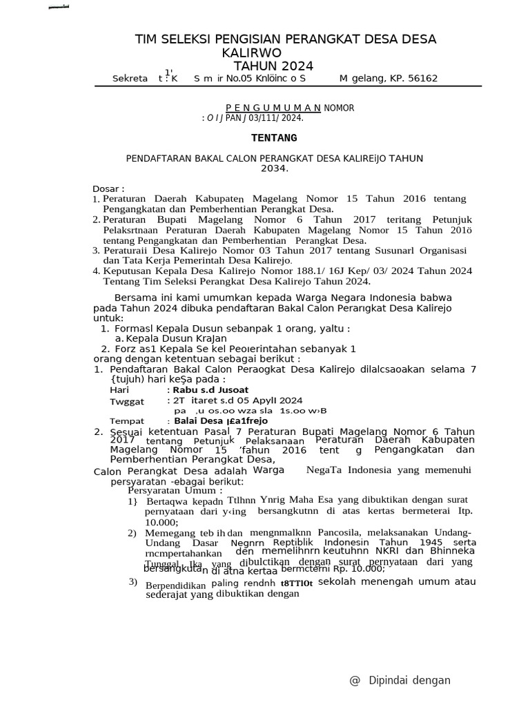 '.Seleksi Pengisian Perangkat Desa Kalirejo Tahun 2024 | PDF