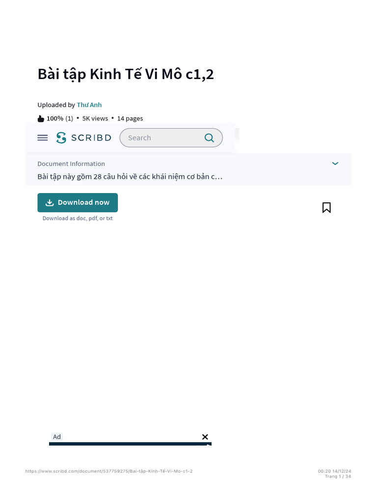 Bài tập Kinh Tế Vi Mô c1,2 | PDF | PDF