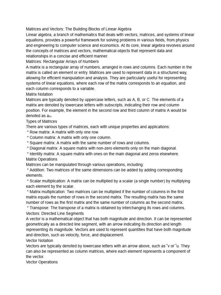 Linear Algebra - Matrices and Vectors | PDF | Euclidean Vector | Matrix (Mathematics)