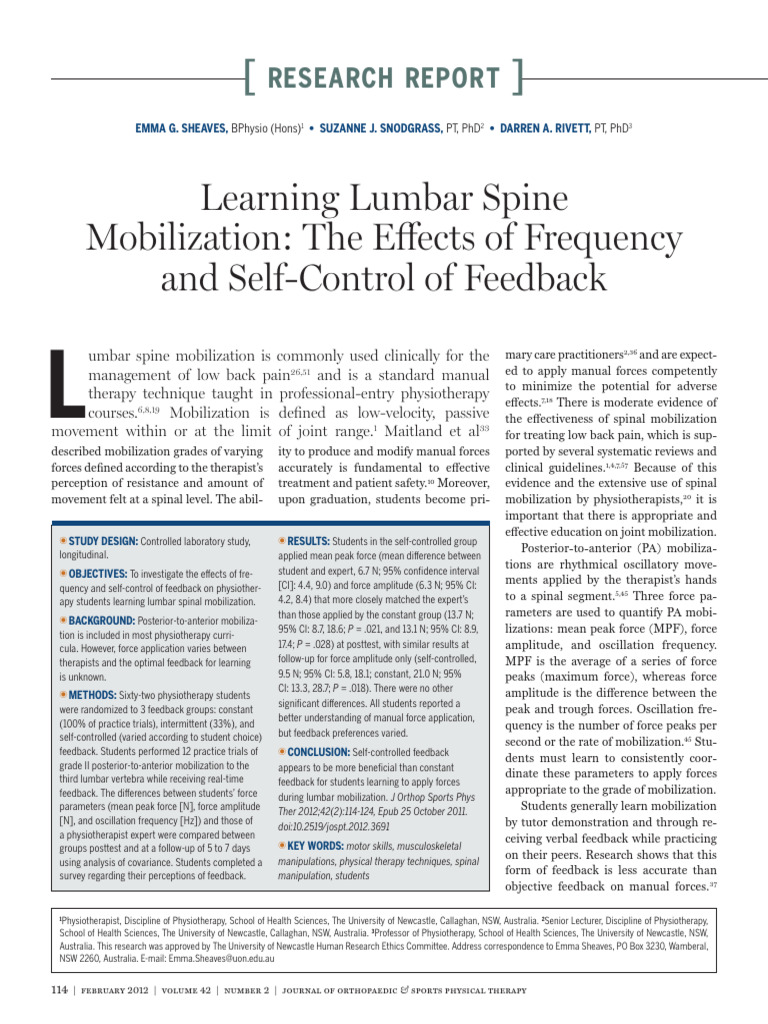 Sheaves Et Al 2012 Learning Lumbar Spine Mobilization The Effects of ...