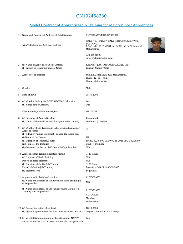 Kalpesh Laxman Gole - Autocraft | PDF | Apprenticeship | Contractual Term
