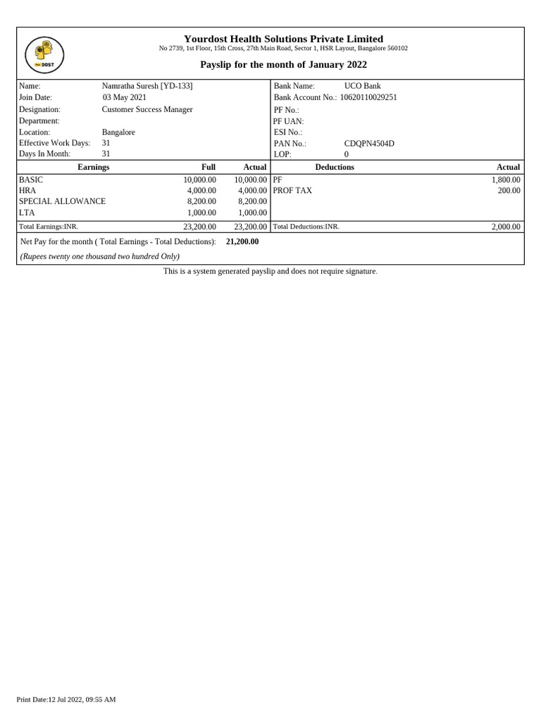 January 2022 Payslip for Namratha Suresh | PDF
