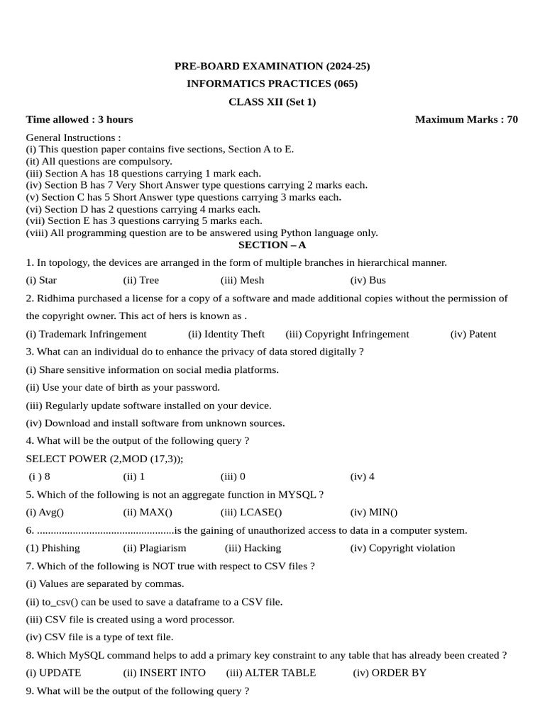 Preboard Question Paper IP CBSE | PDF | Computing