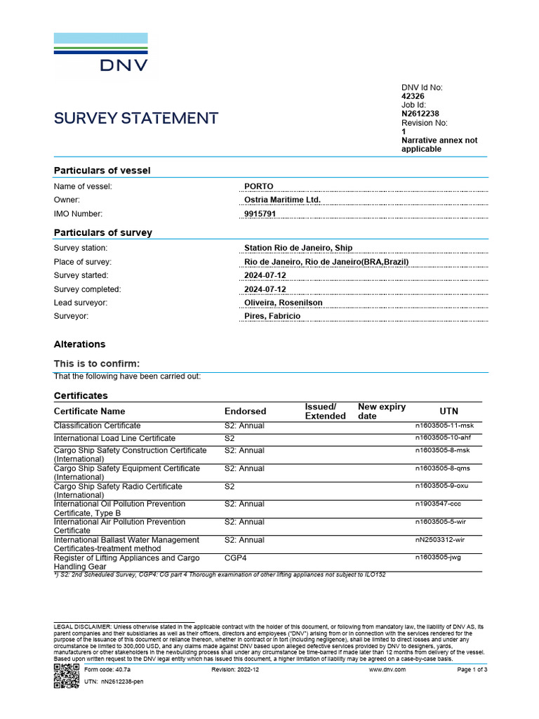 Survey Statement - Alterations - 2024-07-12 - Station Rio de Janeiro, Ship | PDF