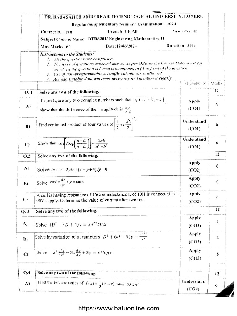 Btech 1 Year Engineering Mathematics 2 Btbs201 Jun 2024 | PDF