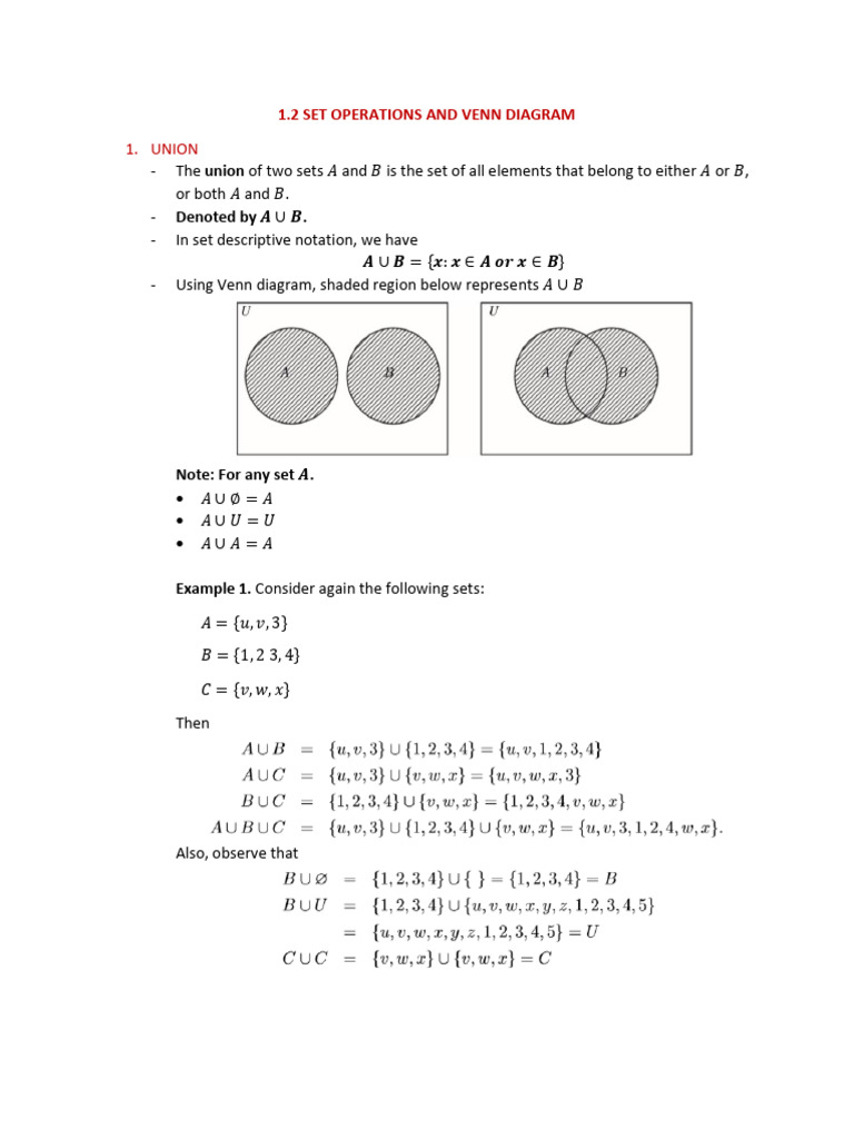 1.2 Set Operations and Venn Diagram | PDF | Empty Set | Algebra