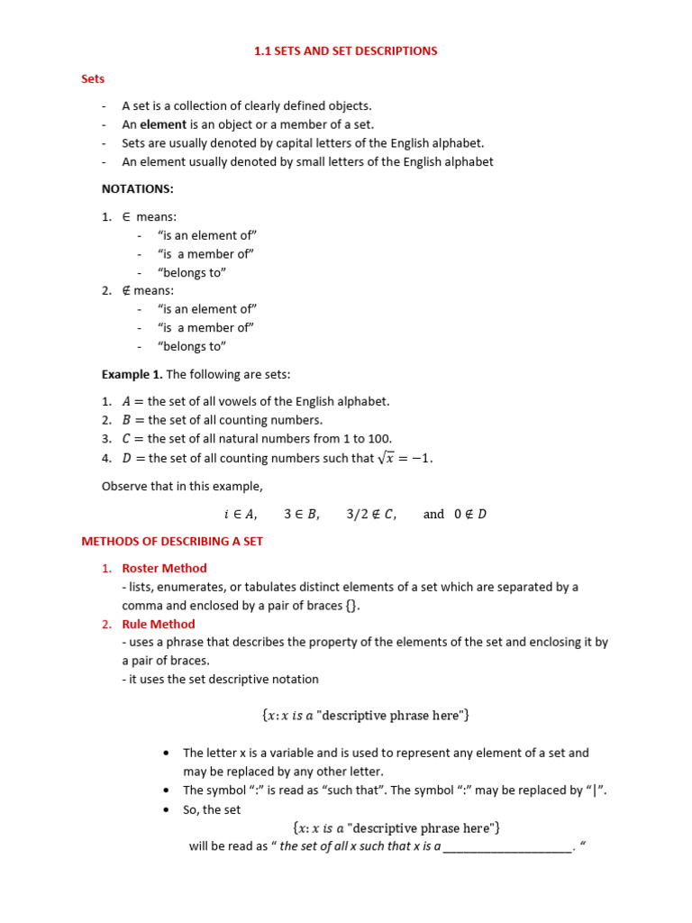 1.1 Sets and Set Descriptions | PDF | Set (Mathematics) | Empty Set