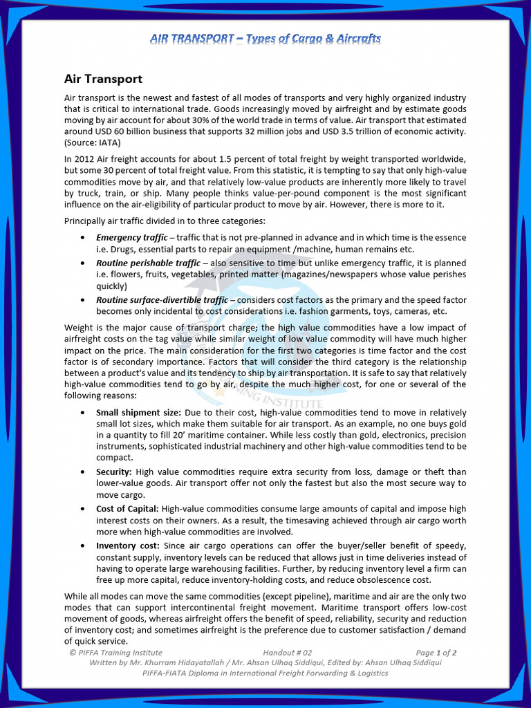Handout # 02 Air-Cargo and Aircraft Types | PDF | Transport | Cargo