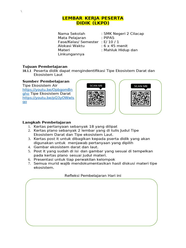 Ekosistem Darat dan Laut: LKPD Kelas 10 | PDF