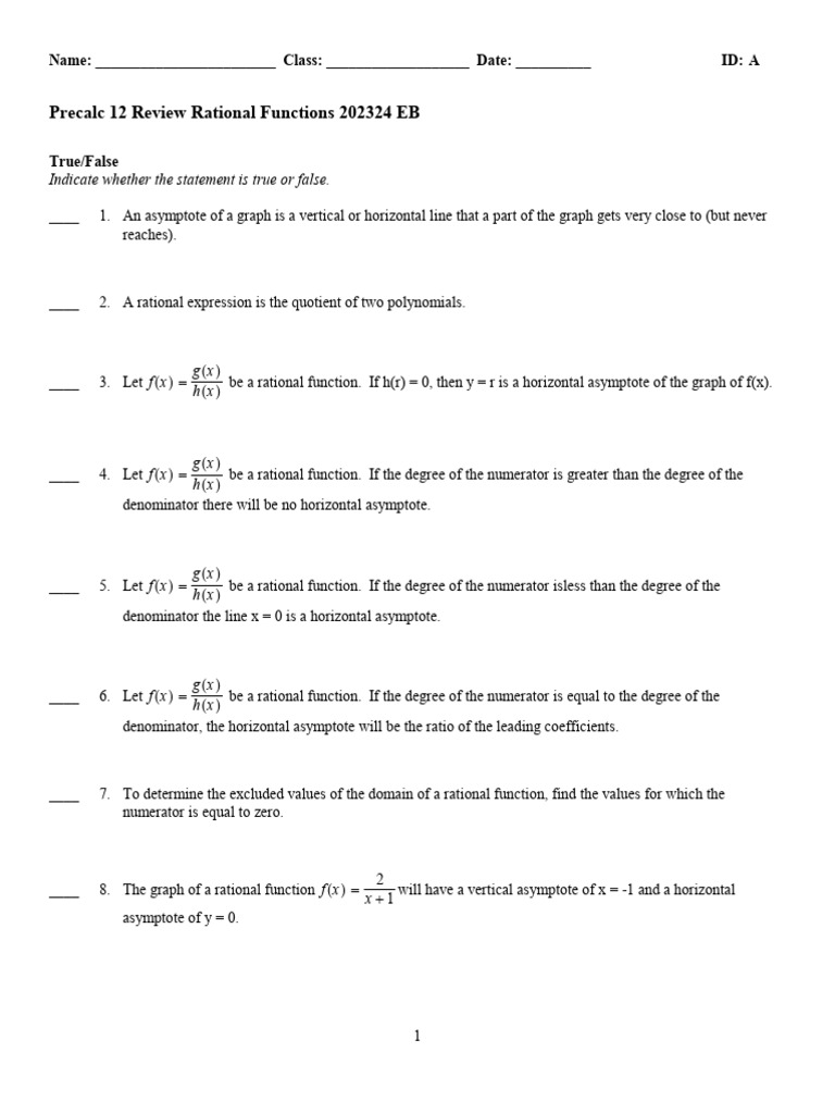 Precalc 12 Review Rational Functions 202324 EB | PDF | Rational Number ...