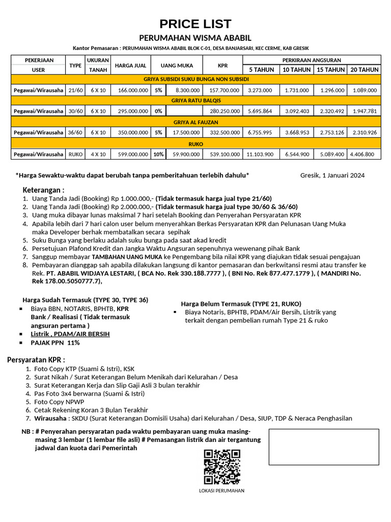 Pricelist Wisma Ababil Word 2024. | PDF