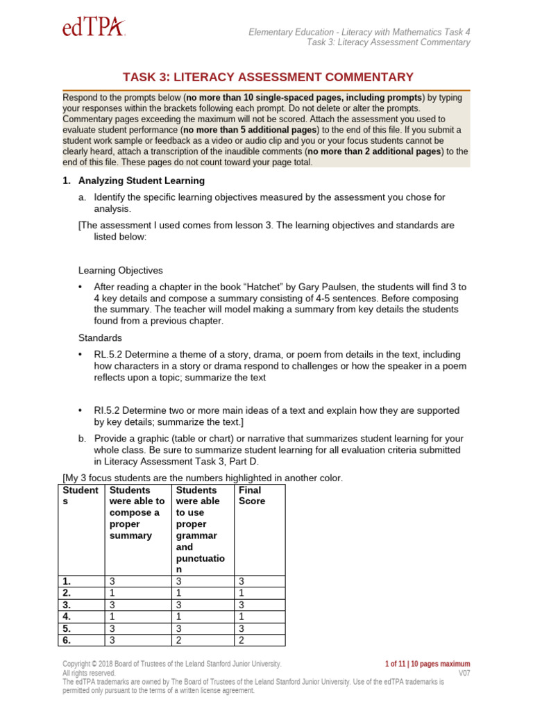 Task 3 Assessment Commentary | PDF | Literacy | Learning