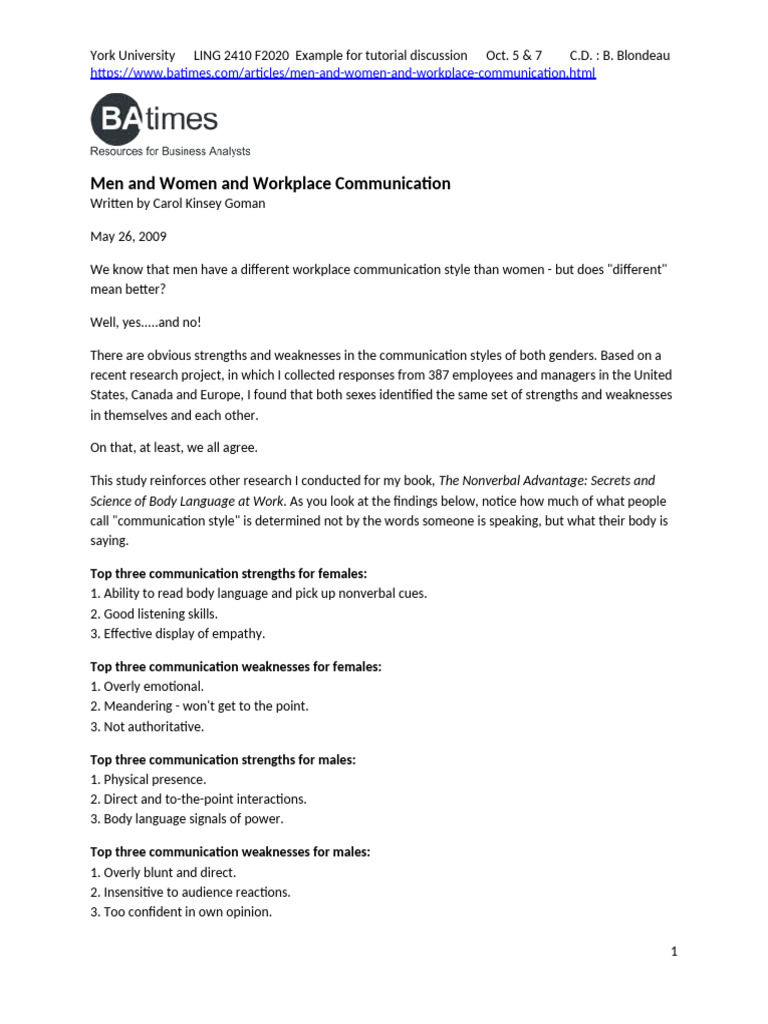 LING 2410 Tutorial Handout Oct 5 7 | PDF | Body Language | Nonverbal ...