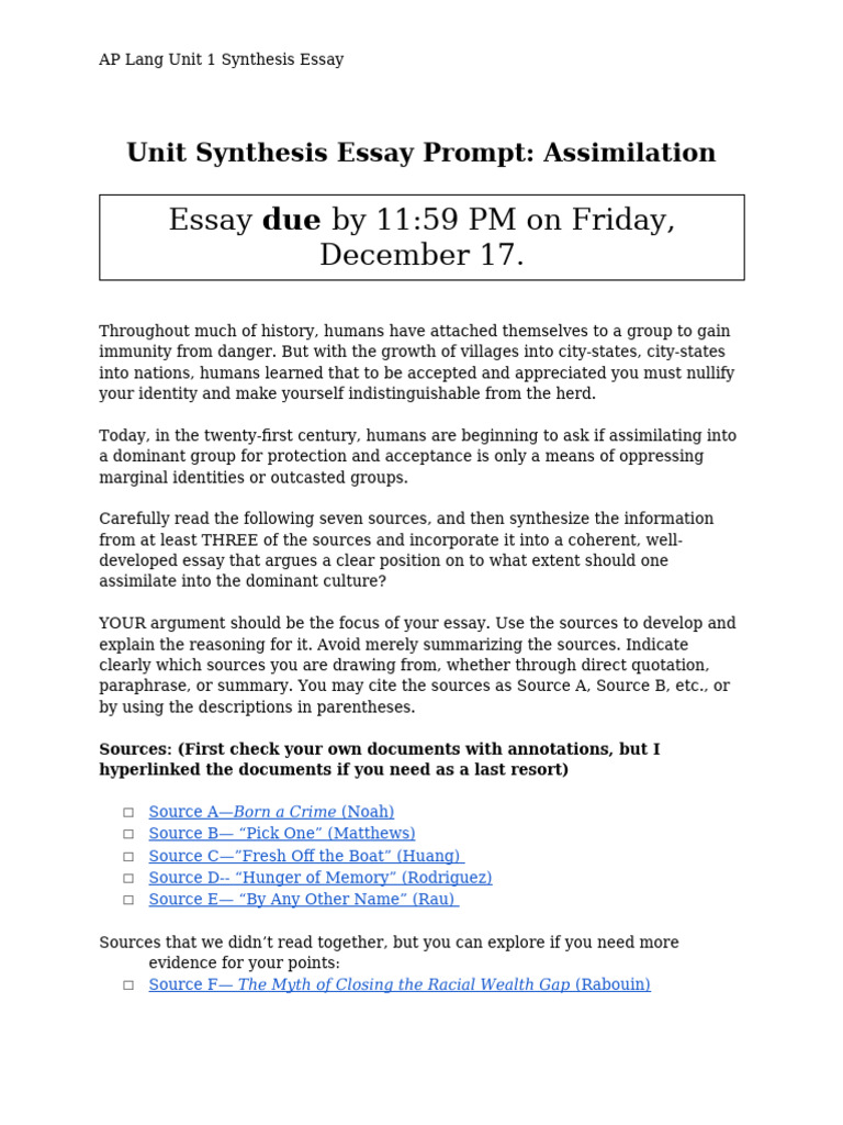 Unit 1 Synthesis Essay - Assimilation | PDF | Rhetoric | Essays