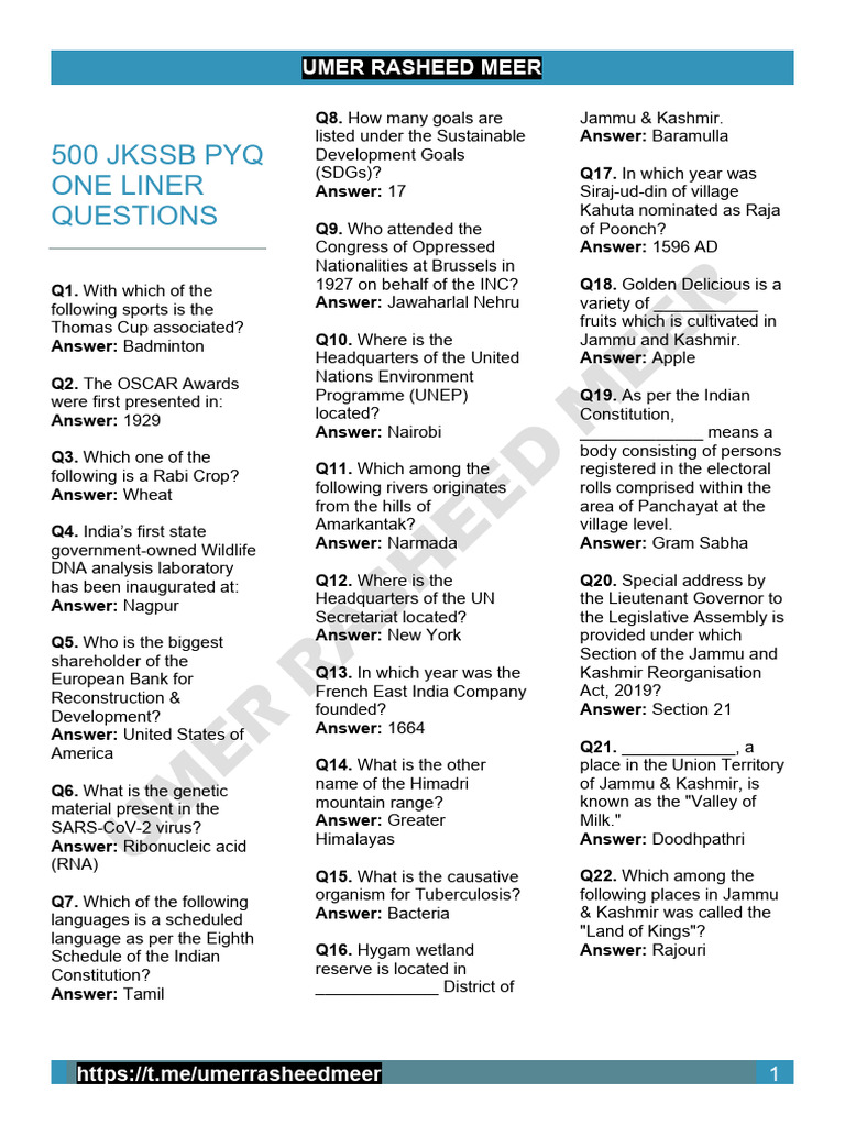 500 JKSSB Pyq One Liner Questions | PDF