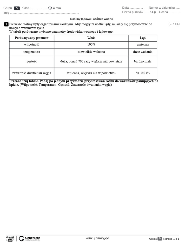 Rośliny Lądowe I Wtórnie Wodne Test (Z Widoczną Punktacją) | PDF