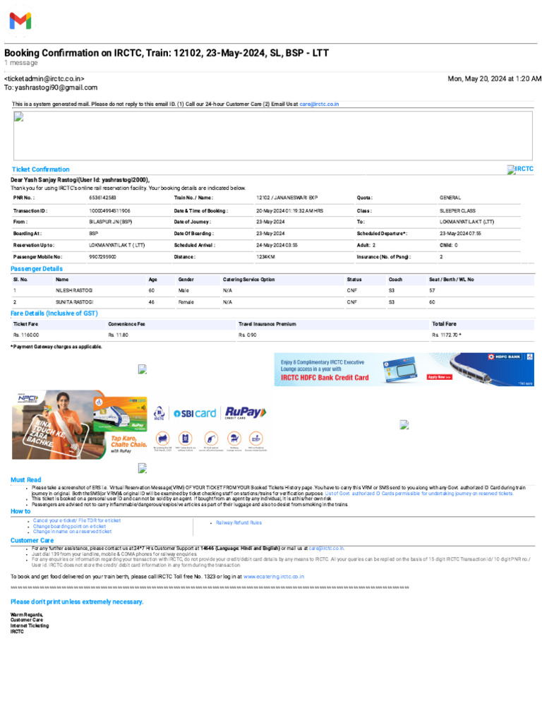 Gmail - Booking Confirmation On IRCTC, Train - 12102, 23-May-2024, SL ...