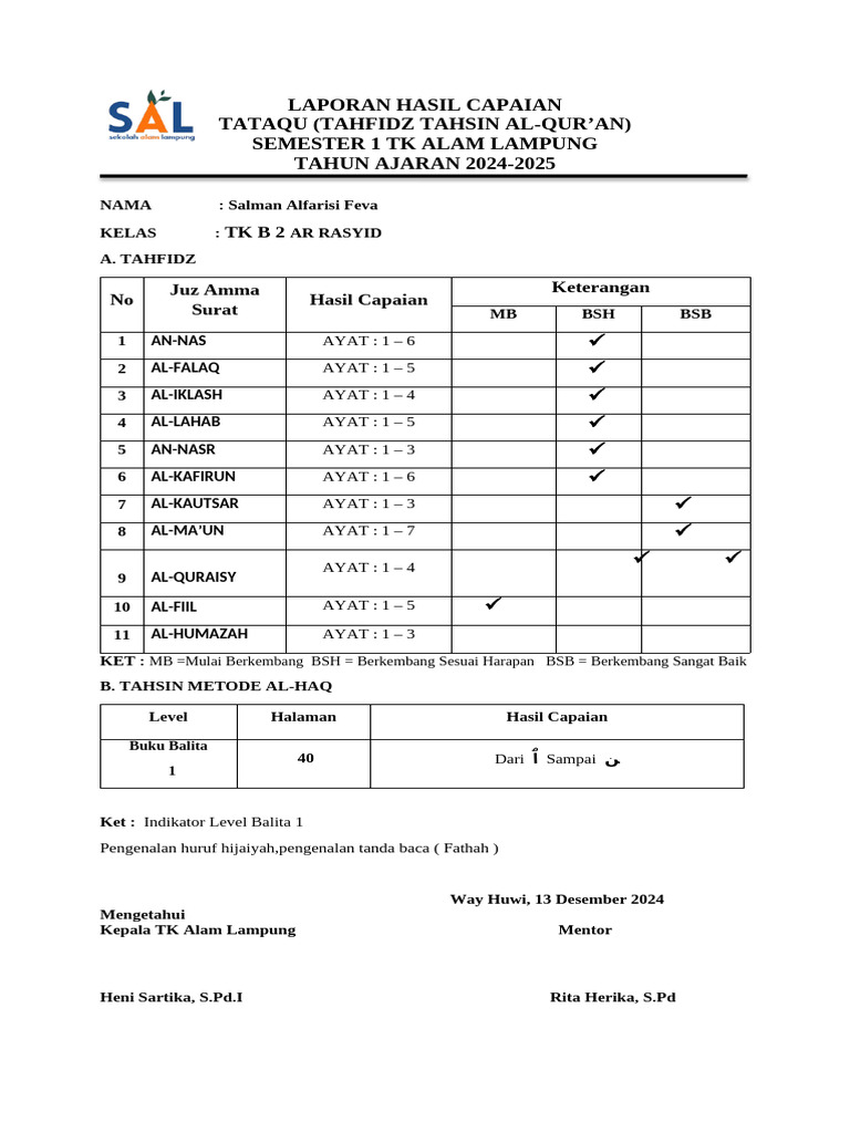 RAPORT TAHSIN TK B2 | PDF