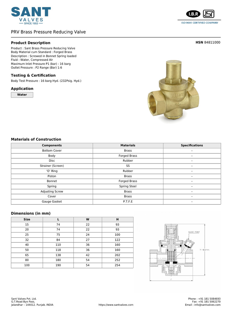 Sant Brass Pressure Reducing Valve | PDF | Valve | Equipment