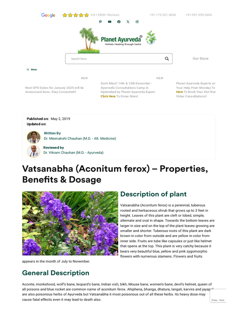 Vatsanabha (Aconitum Ferox) - Properties, Benefits, Dosage | PDF | Ayurveda