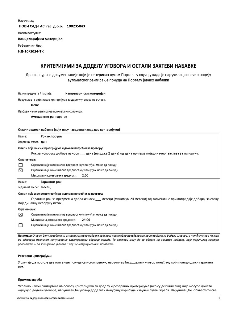 Kriterijumi Za Dodelu Ugovora | PDF