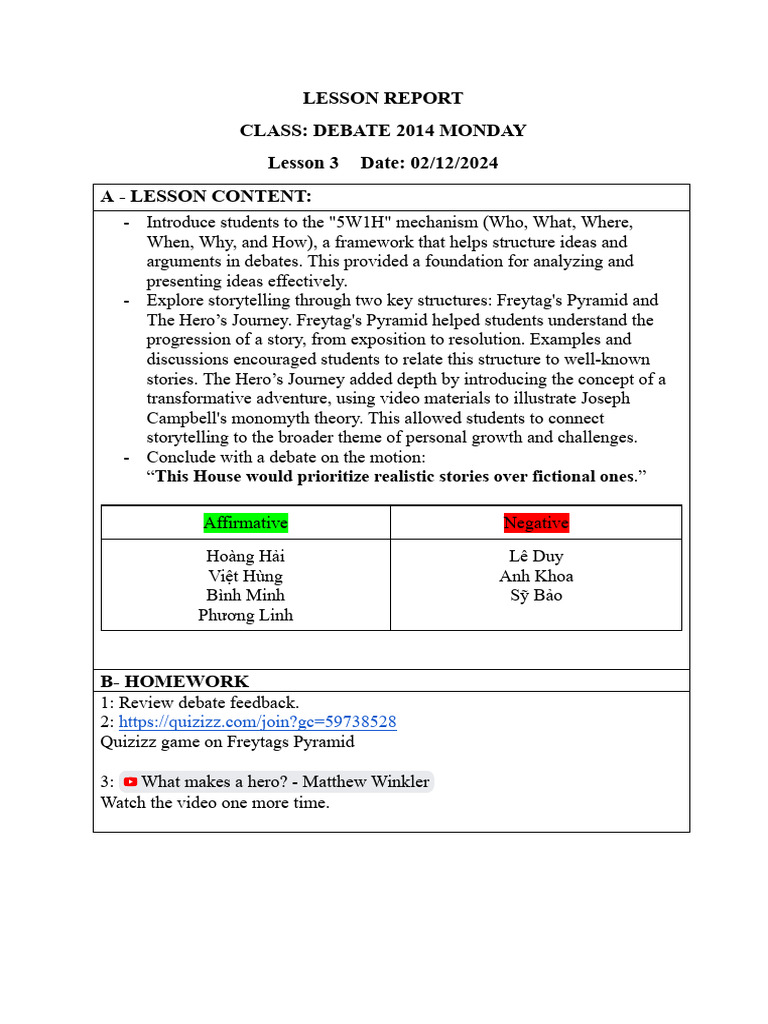 LESSON REPORT - W3 - 02_12 - MONDAY | PDF