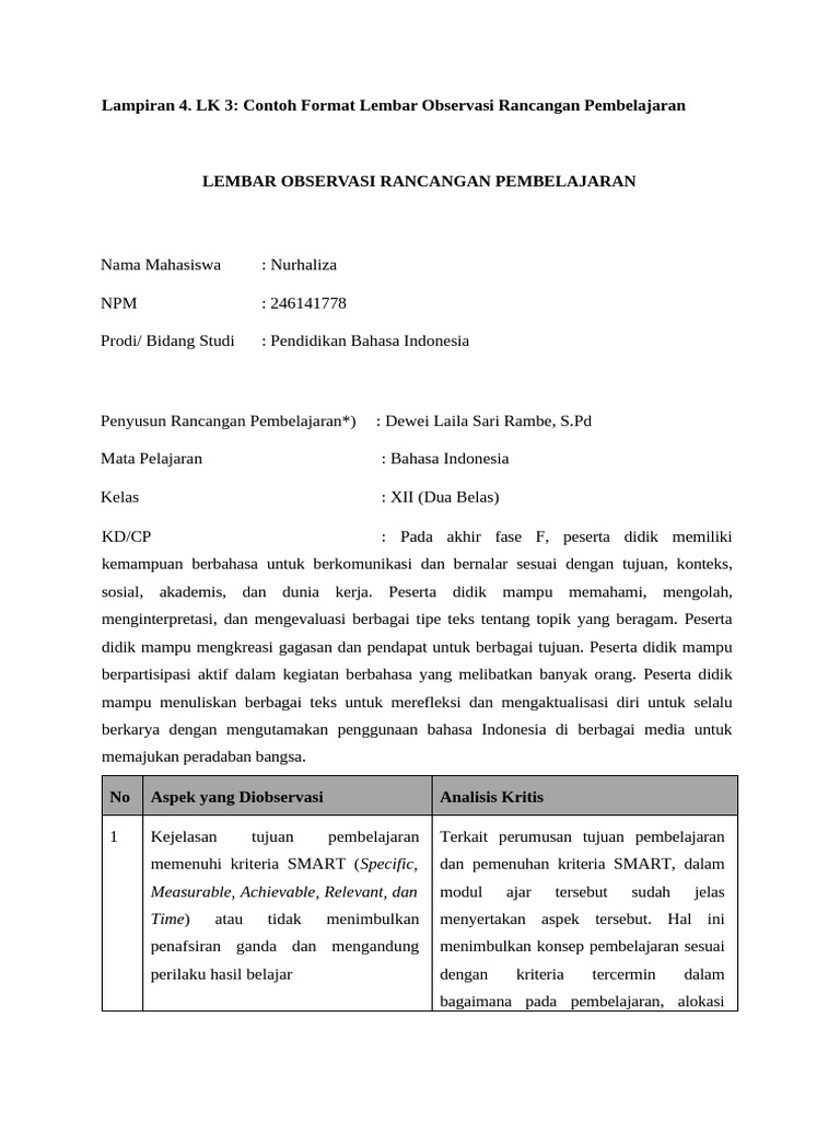 Siklus 3 Format Lembar Observasi Rancangan Pembelajaran | PDF