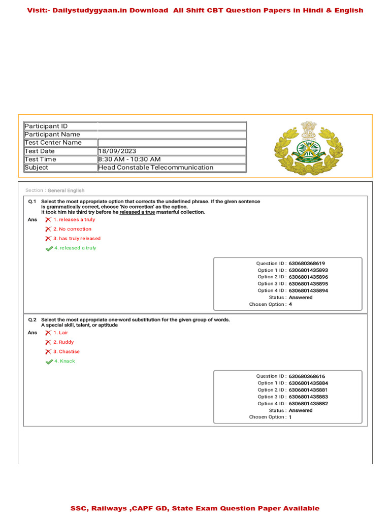 ITBP Head Constable Telecommunication Official Paper Held On 18 Sept 2023 Shift 1 | PDF