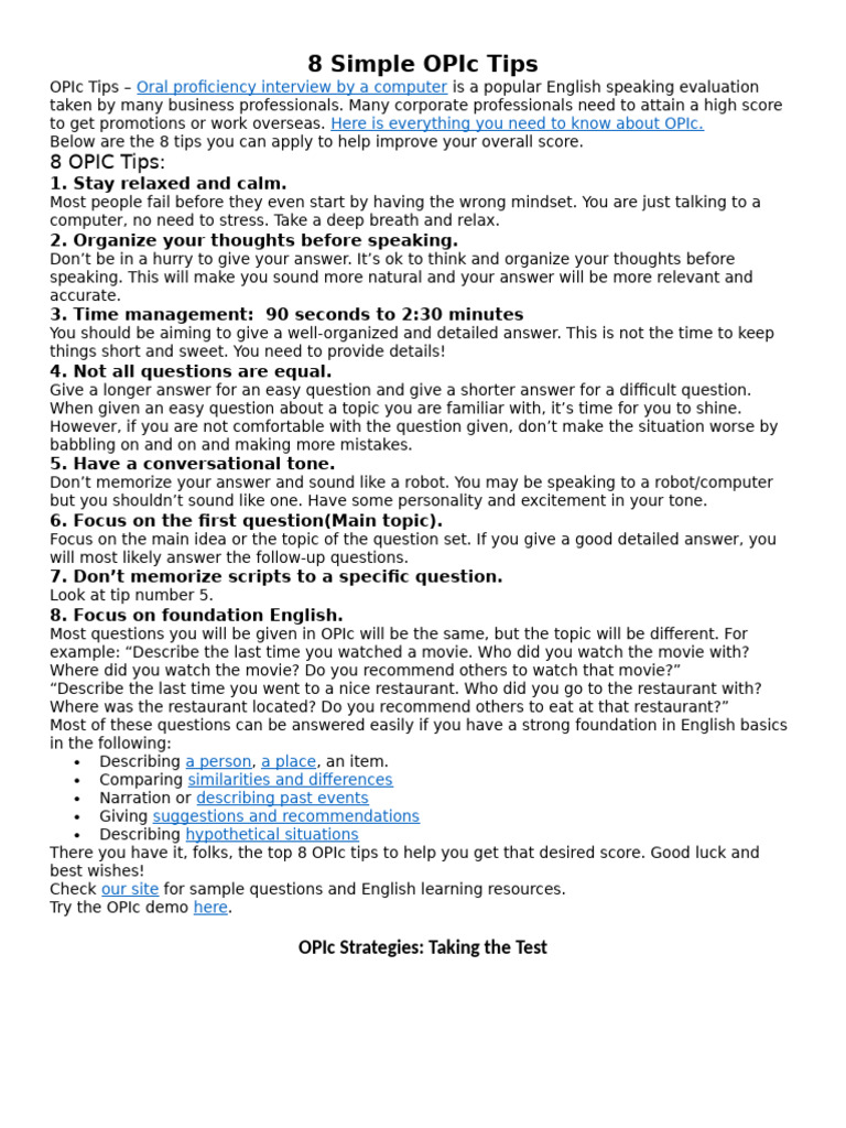 8 Simple OPIc Tips | PDF | Communication | Mathematics