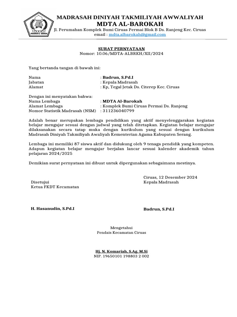 Surat Pernyataan Aktif KBM Lembaga Madrasaha | PDF