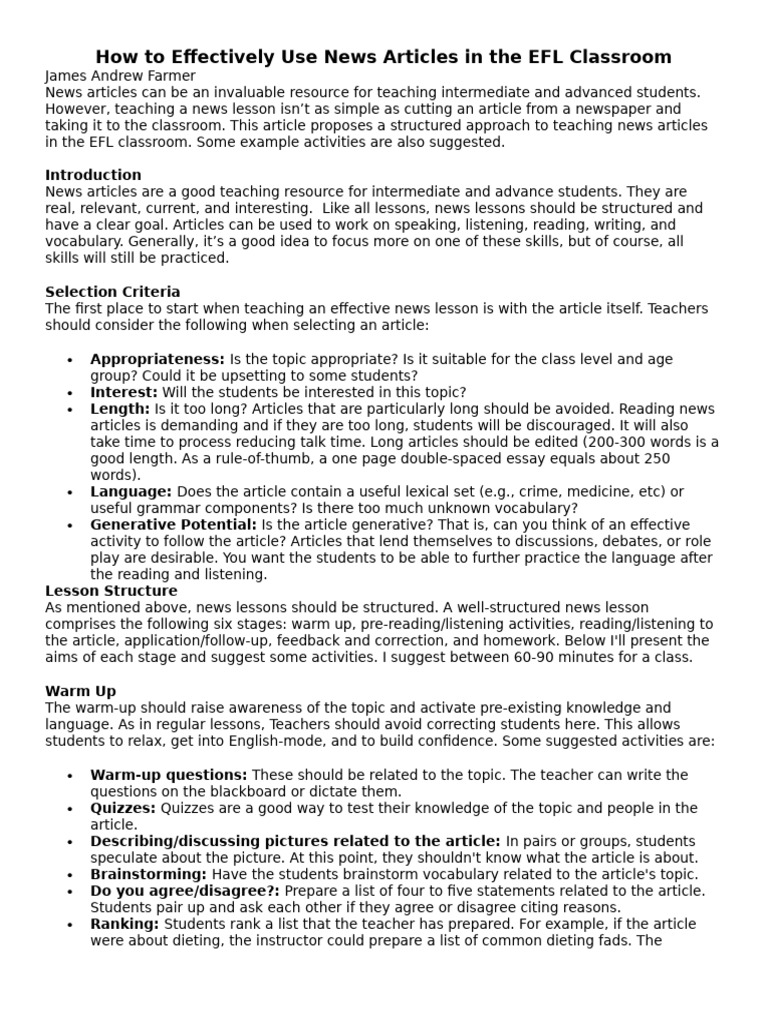 Using News Articles in EFL Teaching | PDF | Reading Comprehension ...