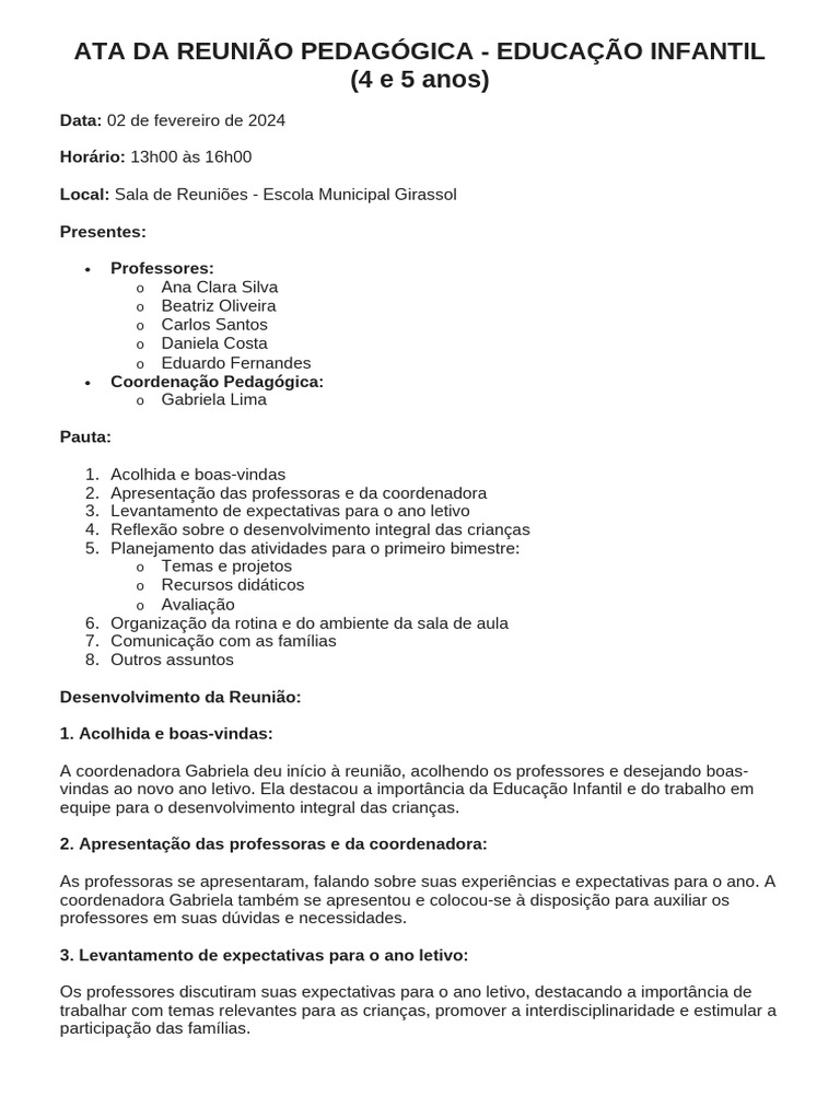 Ata da Reunião Pedagógica 2024 | PDF | Pedagogia | Pré-escola