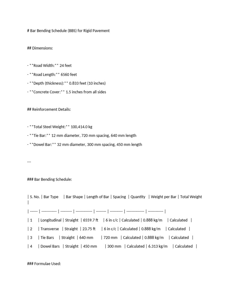 Bar Bending Schedule for Rigid Pavement | PDF