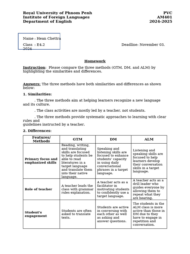 Homework - Compare the GTM, DM, and ALM | PDF | Second Language | Foreign Language