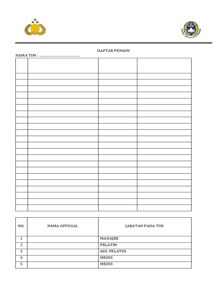 FORMAT DAFTAR PEMAIN (Form C1) | PDF