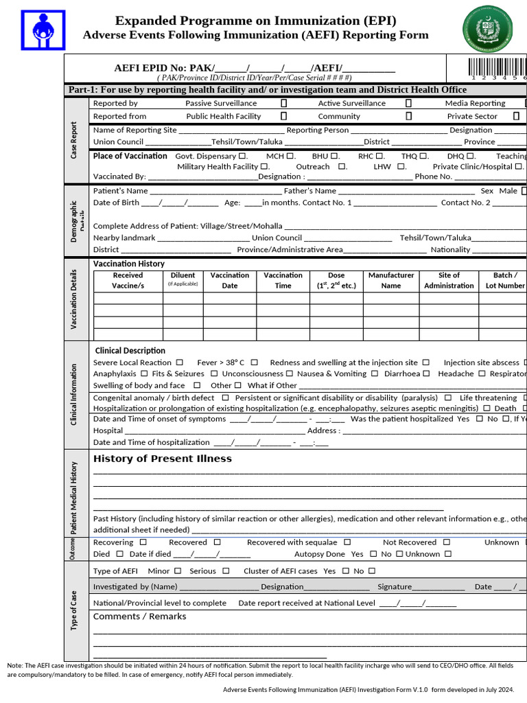 Revised AEFI Reporting Form | PDF | Health Sciences | Diseases And Disorders